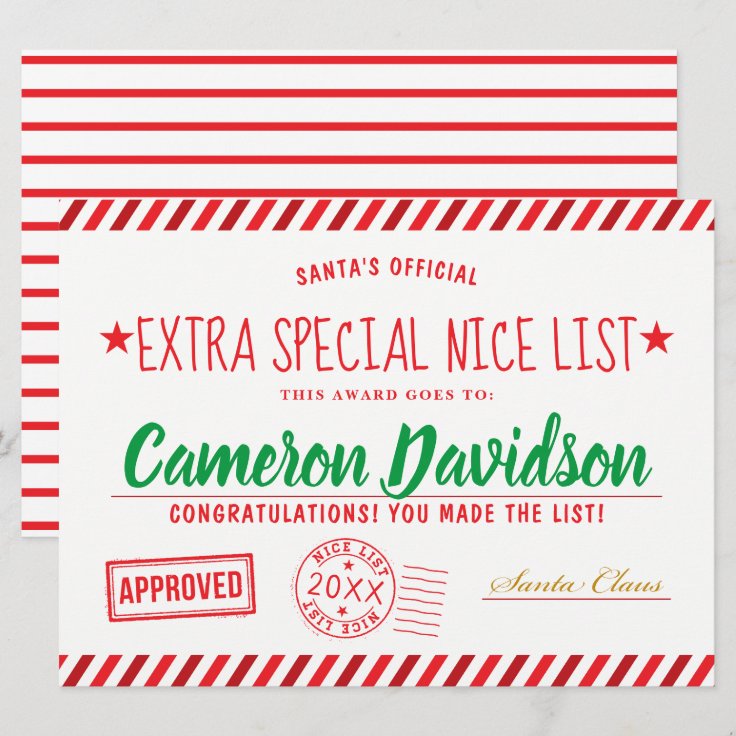 Santa's Christmas Nice List Award Invitation | Zazzle
