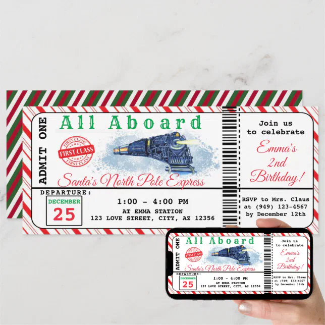 Santa's Christmas Train North Pole Ticket Birthday Invitation | Zazzle