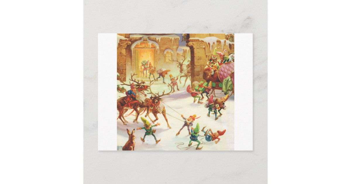 SANTA'S ELVES LOAD HIS SLEIGH WITH GIFTS HOLIDAY POSTCARD | Zazzle