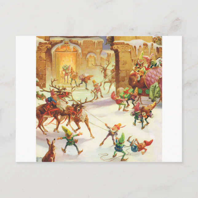 SANTA'S ELVES LOAD HIS SLEIGH WITH GIFTS HOLIDAY POSTCARD | Zazzle