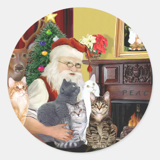 Santa's Five Cats Classic Round Sticker | Zazzle