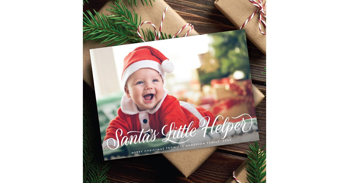 Santa's Little Helper Script Baby Christmas Photo Holiday Card | Zazzle