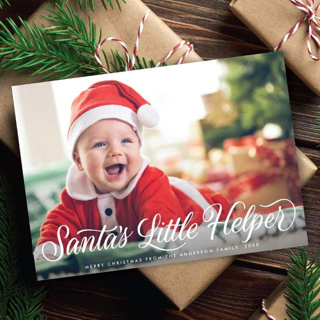 Santa's Little Helper Script Baby Christmas Photo Holiday Card | Zazzle