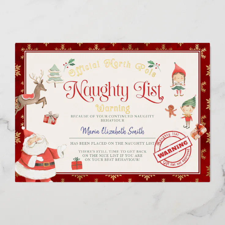Santa's Naughty List Certificate Foil Invitation | Zazzle
