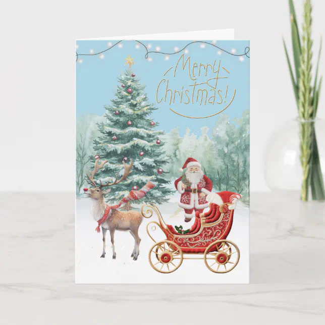 Santa's New Sleigh Faux Embroidery Merry Christmas Card | Zazzle
