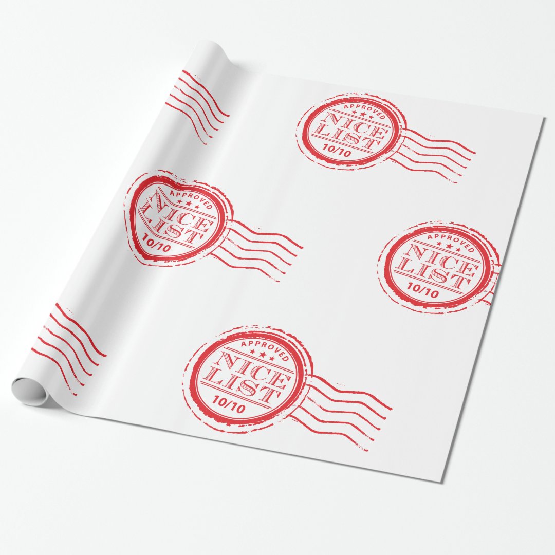 SANTAS NICE LIST christmas approved red stamp Wrapping Paper | Zazzle