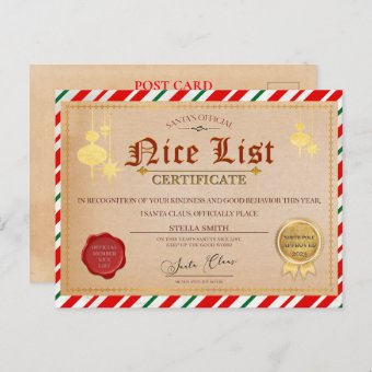 Santa's Nice List Christmas Certificate Postcard | Zazzle