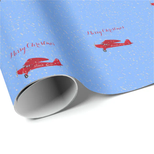 Santa's North Pole Red Airplane Snowing Christmas Wrapping Paper | Zazzle