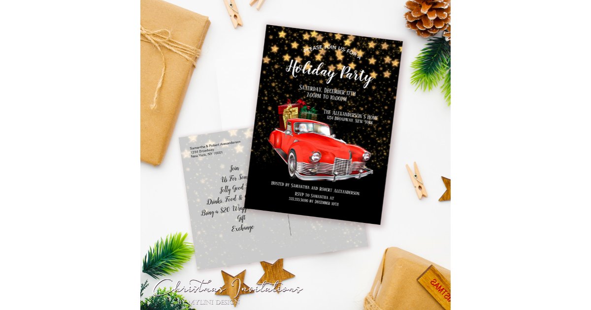 Santas Vintage Red Car Christmas Party Invitation Postcard | Zazzle
