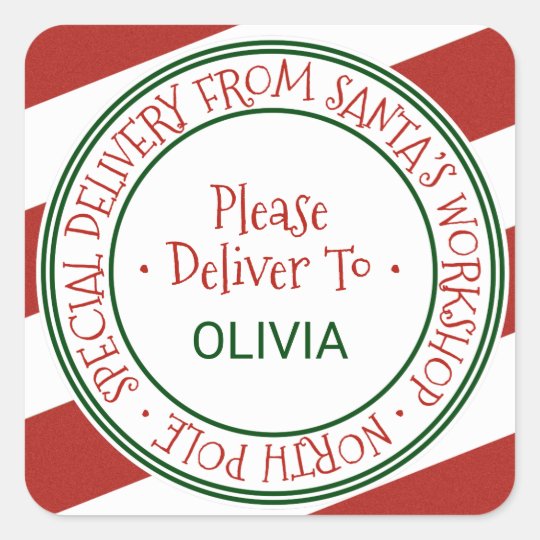 Santa's Workshop Stripe Christmas Gift Square Sticker | Zazzle.com