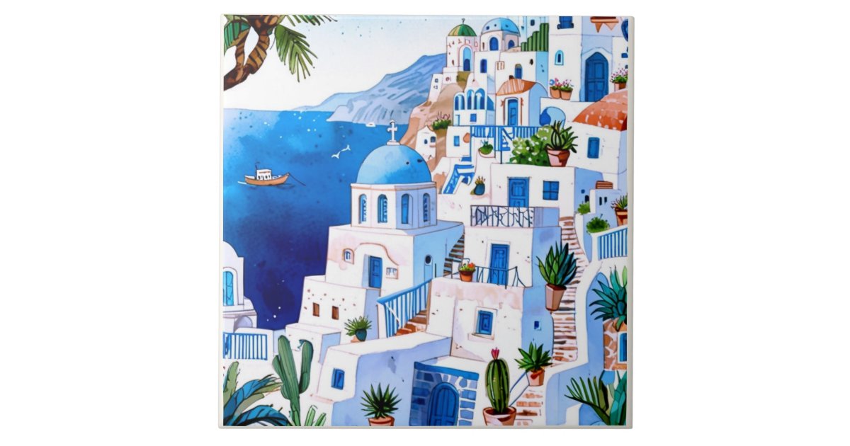 Santorini by the Sea, Greece Blue Watercolor Greek Ceramic Tile | Zazzle
