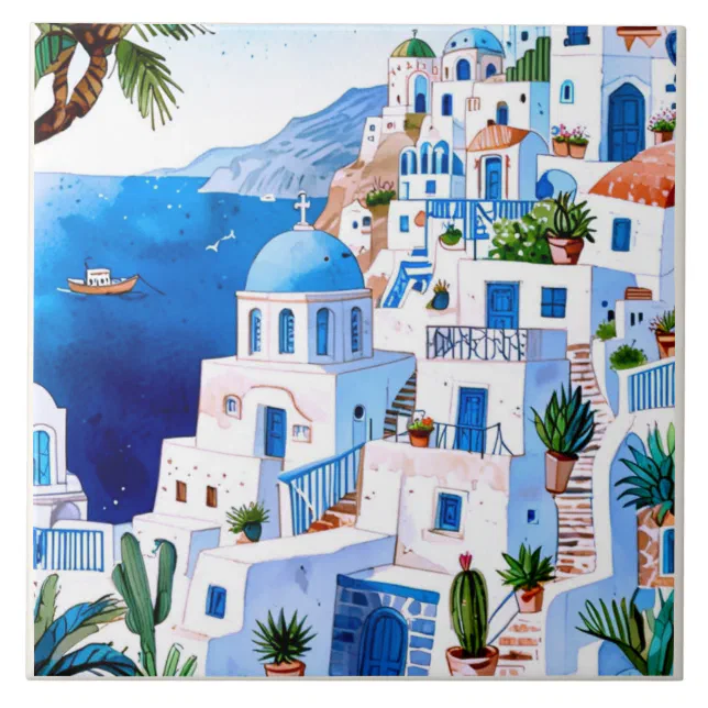 Santorini by the Sea, Greece Blue Watercolor Greek Ceramic Tile | Zazzle