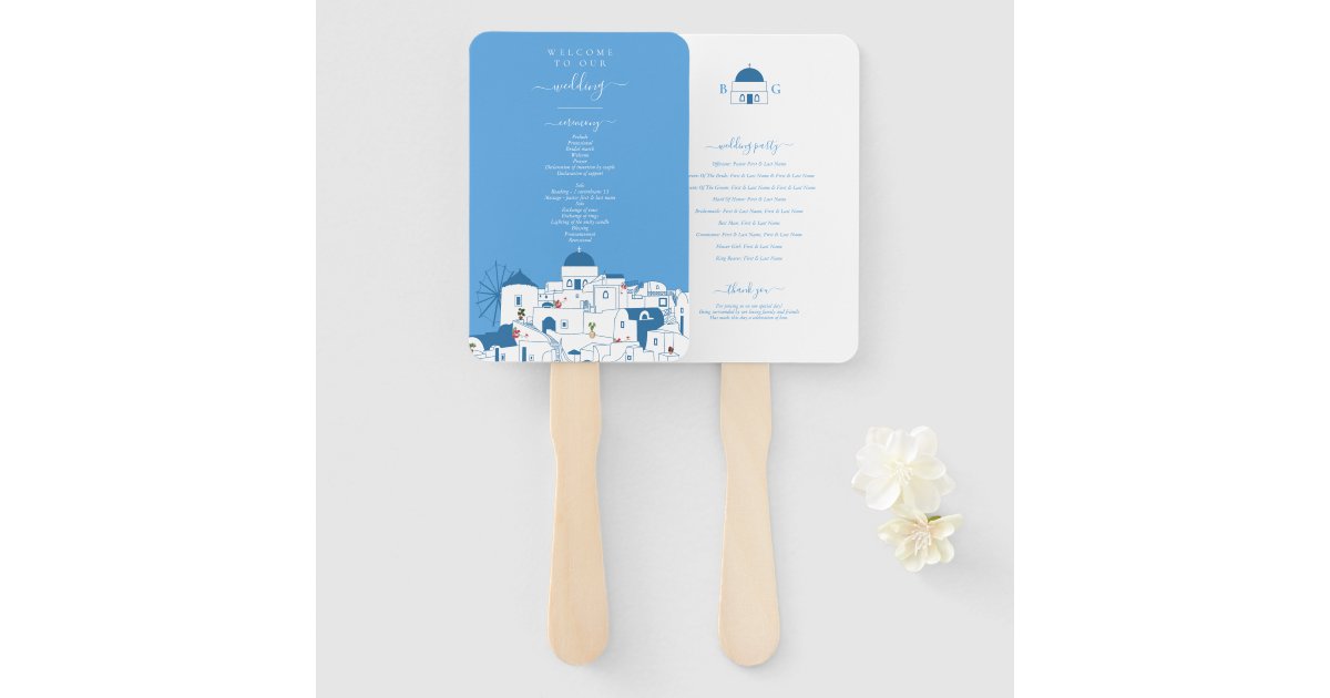 Santorini Destination Greek Island Wedding Program Hand Fan | Zazzle