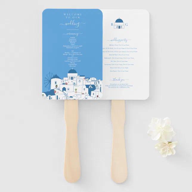 Santorini Destination Greek Island Wedding Program Hand Fan | Zazzle