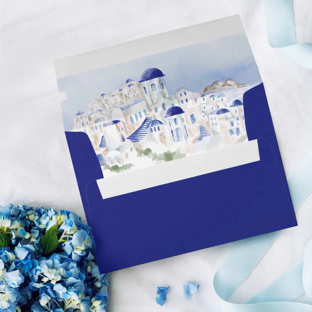 Santorini Greece Architecture Watercolor Wedding Envelope | Zazzle