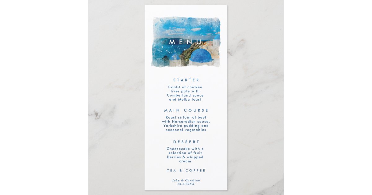 Santorini, Greece greek wedding menu cards | Zazzle
