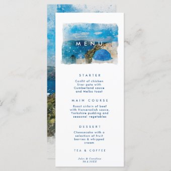Santorini, Greece greek wedding menu cards | Zazzle