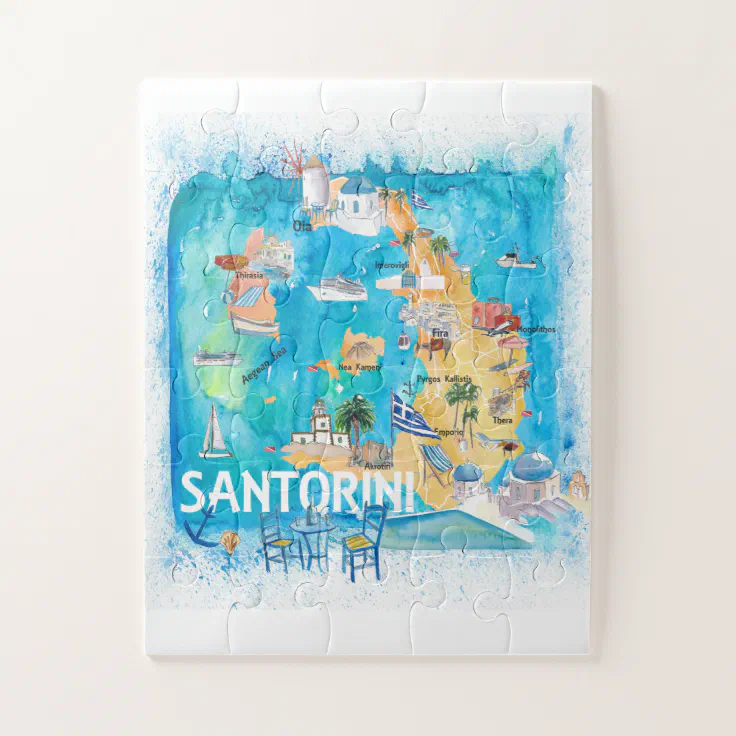 Santorini Greece Travel map Jigsaw Puzzle | Zazzle