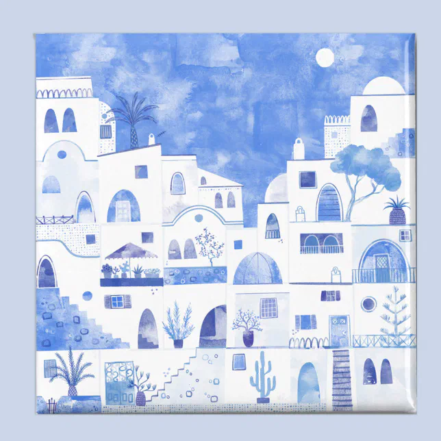 Santorini Greece Watercolor Art Blue and White Magnet | Zazzle