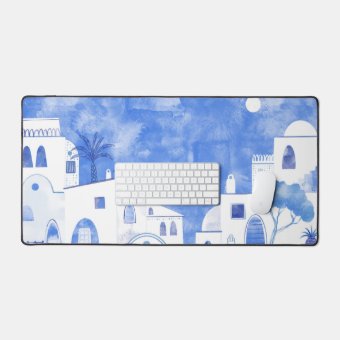 Santorini Greece Watercolor Blue White Desk Mat | Zazzle