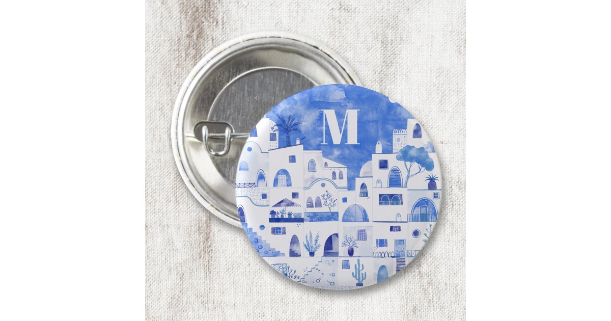 Santorini Greece Watercolor Monogram Button | Zazzle