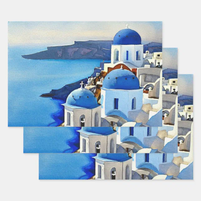 Santorini Greece Watercolor Painting Wrapping Paper Sheets | Zazzle
