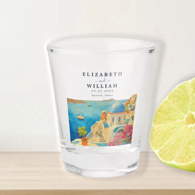 Santorini Greece Watercolor Skyline Wedding Shot Glass | Zazzle