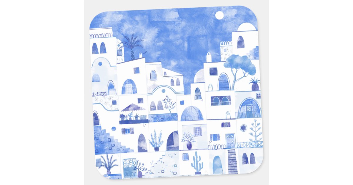 Santorini Greece Watercolor Square Sticker | Zazzle