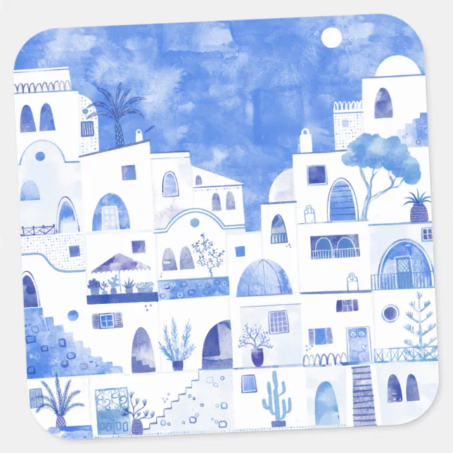 Santorini Greece Watercolor Square Sticker | Zazzle
