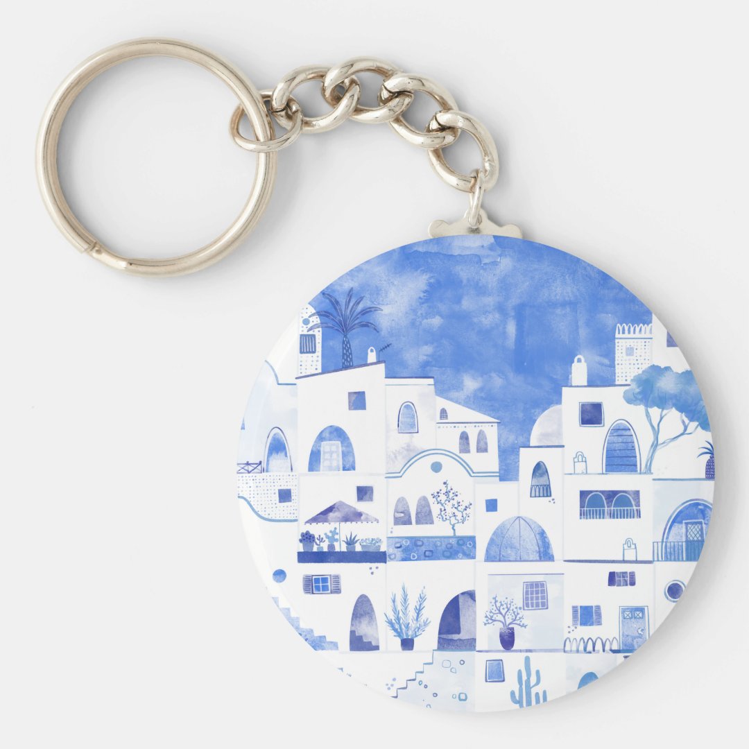 Santorini Greece Watercolor Townscape Keychain | Zazzle