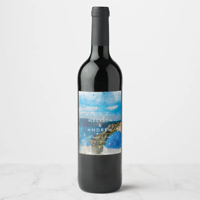 Santorini Greece watercolour wedding wine bottle Wine Label | Zazzle