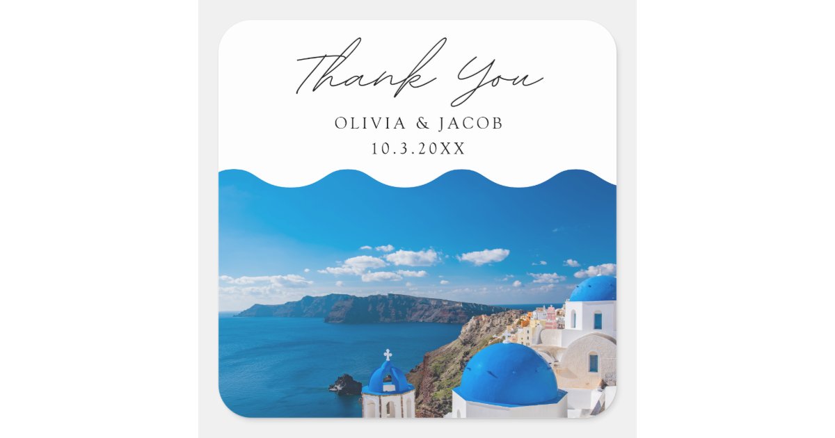 Santorini Greece Wedding Destination Thank You Square Sticker | Zazzle