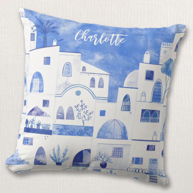 Santorini Greek Watercolor Personalized Throw Pillow | Zazzle