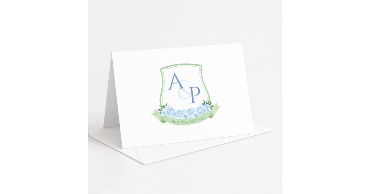 Sap Green Blue Hydrangea Botanical Wedding Crest Thank You Card | Zazzle
