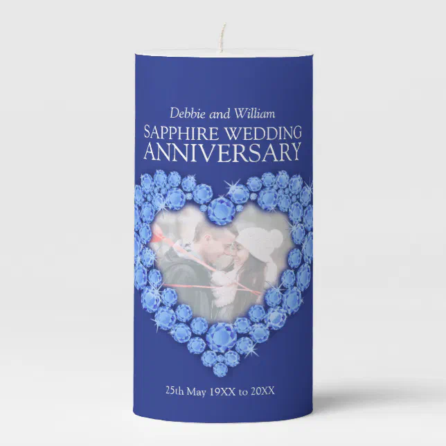 Sapphire 45th wedding anniversary heart photo blue pillar candle | Zazzle