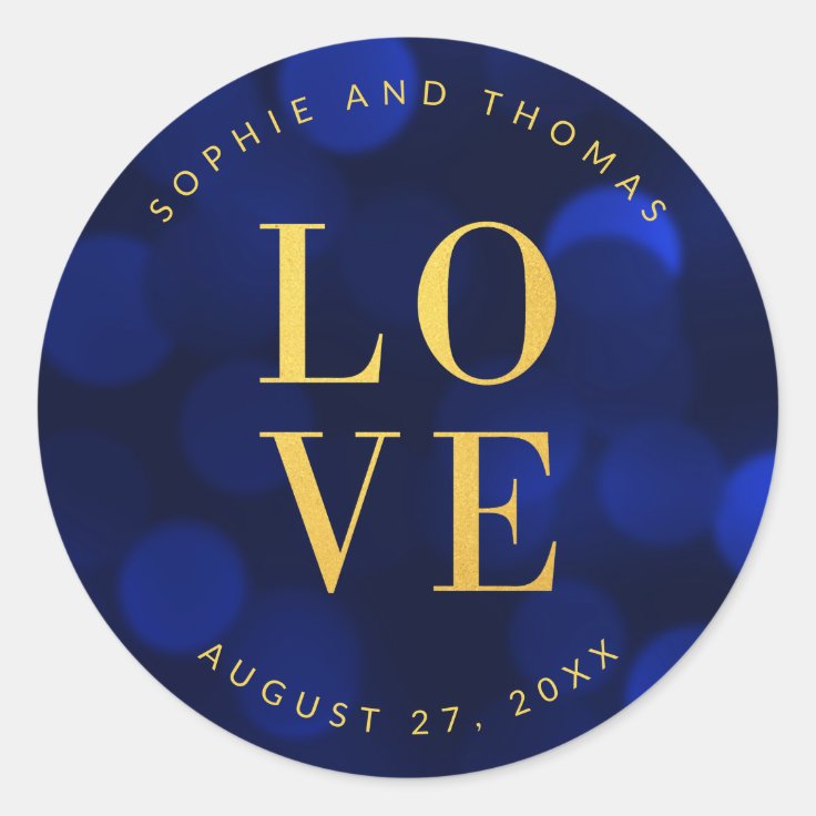 Sapphire Blue Bokeh Lights Faux Gold Love Classic Round Sticker | Zazzle