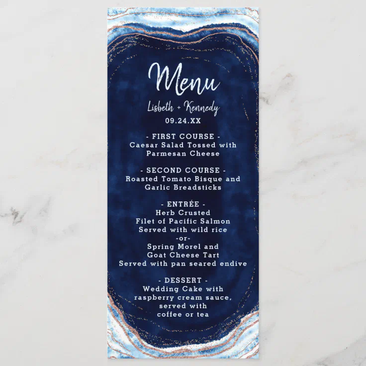 Sapphire Blue Rose Gold Geode Agate Marble Dinner Menu | Zazzle