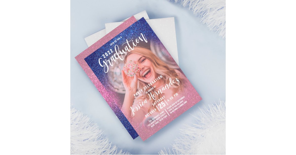 Sapphire Pink Triple Glitter Photo Graduation Invitation | Zazzle