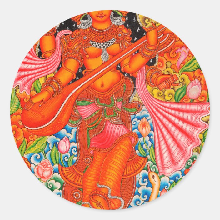 SARASWATI HINDU GODDESS OF LEARNING TANJORE CLASSIC ROUND STICKER ...