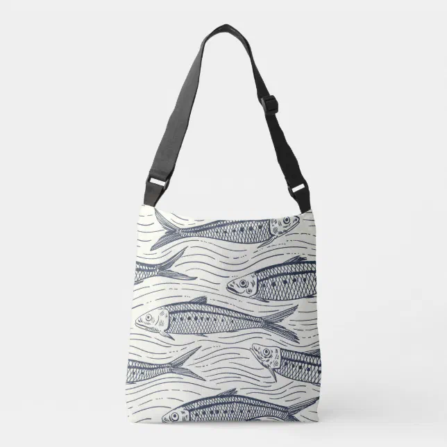 Sardines in Motion in navy and ivory Crossbody Bag | Zazzle