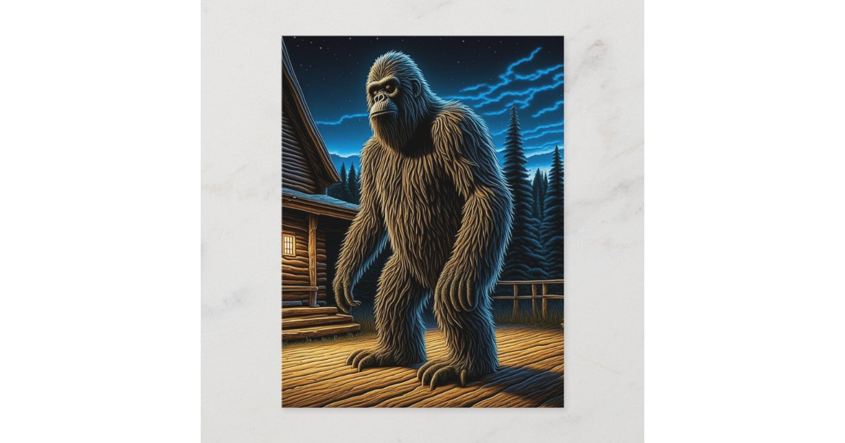 Sasquatch in front of Log Cabin in the Woods Postcard | Zazzle