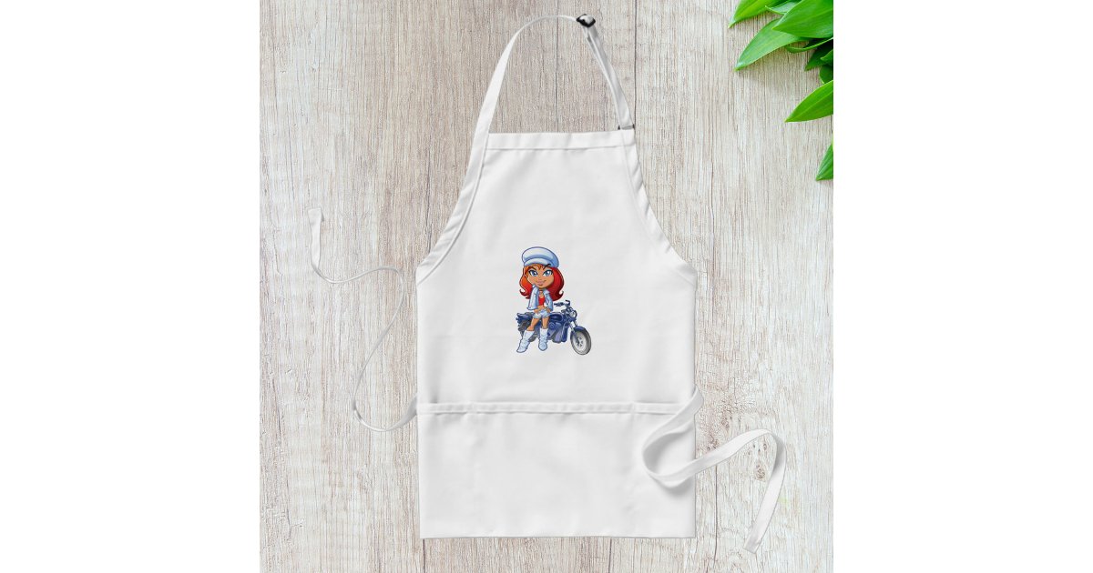 Sassy Biker Girl with Red Hair and Motorcycle Adult Apron | Zazzle