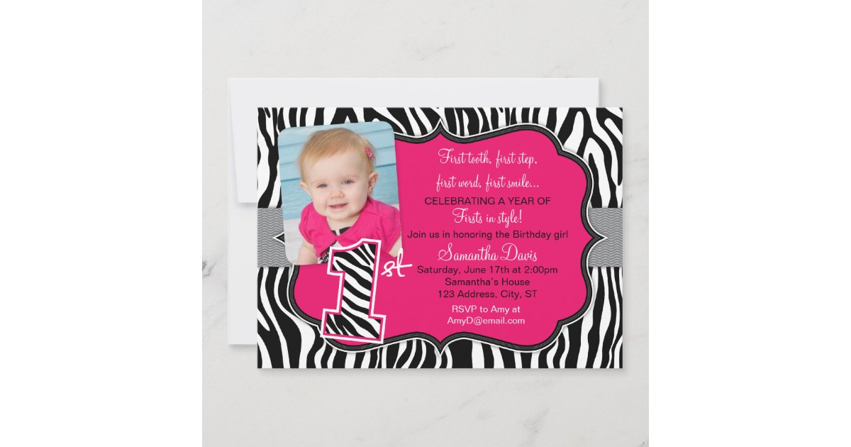 Sassy Pink Zebra Print First Birthday Invitation | Zazzle