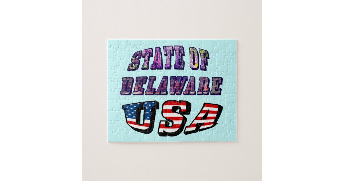 Sate of Delaware Picture and USA Flag Text Jigsaw Puzzle | Zazzle