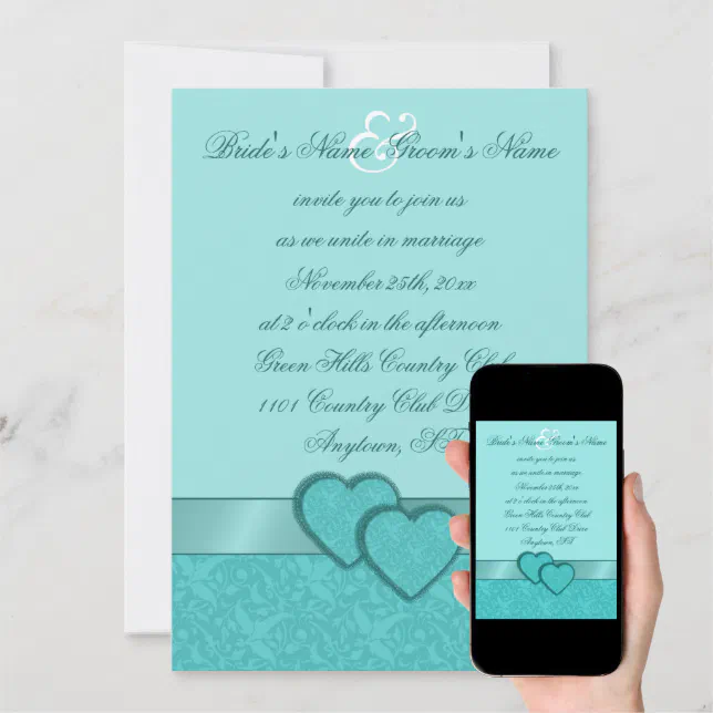 Satin Ribbon & Damask Hearts Wedding Invitation | Zazzle