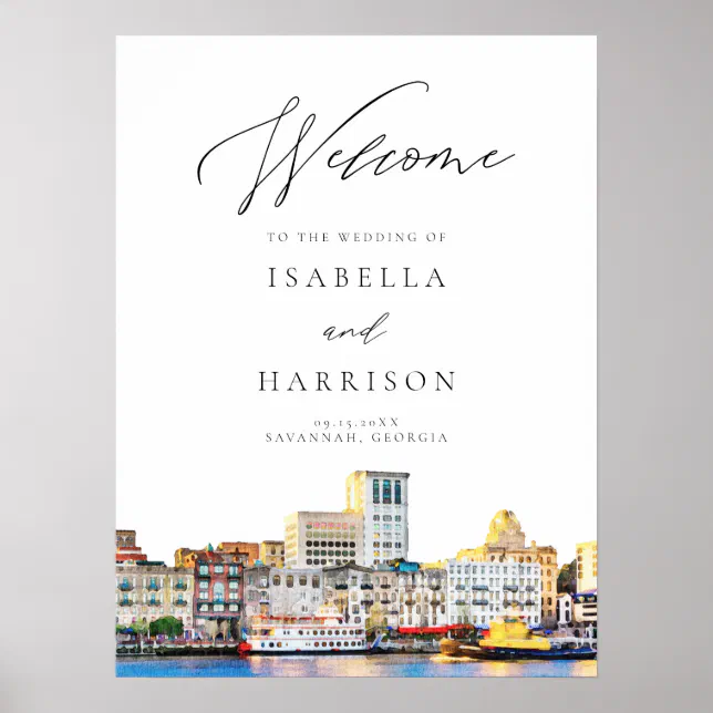 SAVANNAH Watercolor Skyline Wedding Welcome Sign | Zazzle