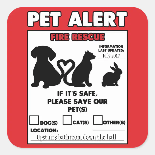 Save my Pet Fire Pet Alert 3" Sticker Sheet of 6 | Zazzle