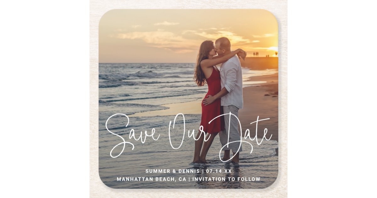 Save Our Date Elegant Script Photo Save the Date Square Paper Coaster ...