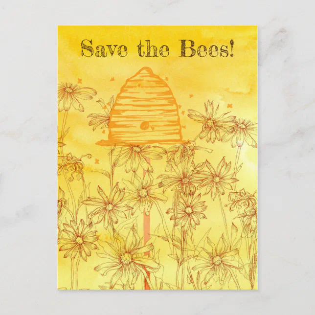 Save The Bees Bee Skep Wildflowers Honeybee Postcard | Zazzle