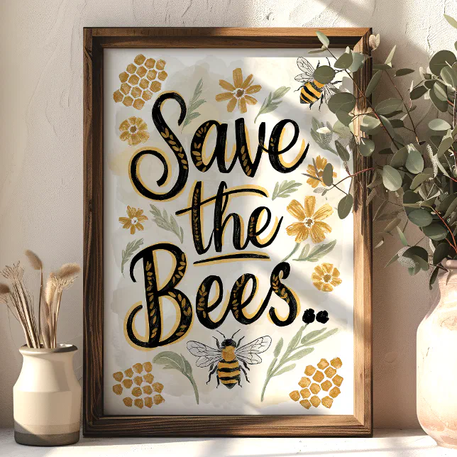 Save the Bees Honeycomb Flower Conservation Art Poster | Zazzle